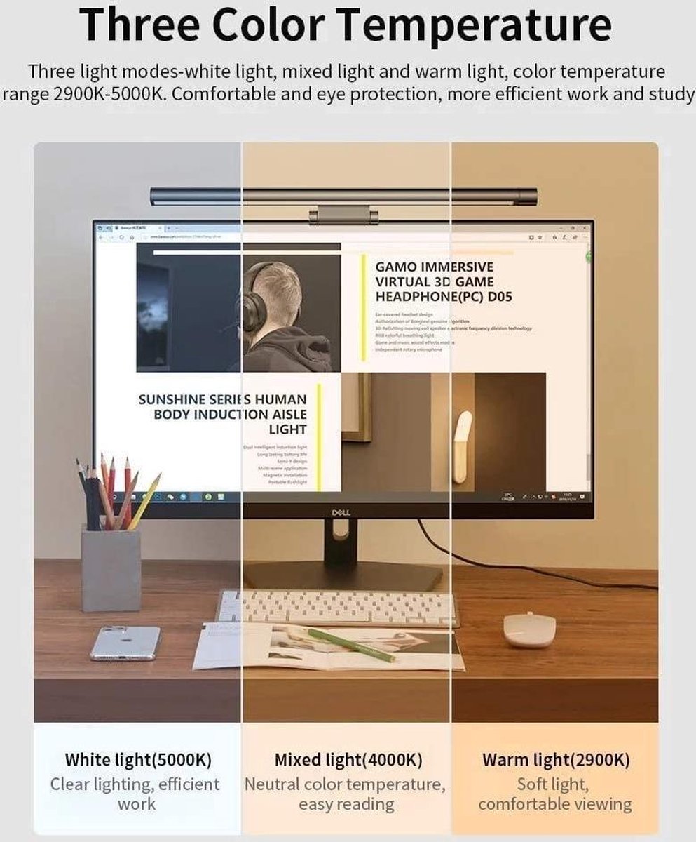 Baseus - LED Bureaulamp voor Monitor / Scherm met Klem - Dimlicht met 3 ...