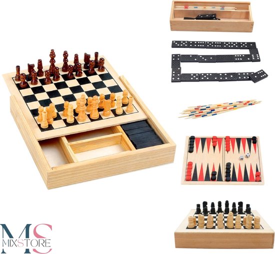 MS MixStore® - 4-in-1 Houten Spellendoos - Bordspel Set - Backgammon - Mikado - Domino... | bol