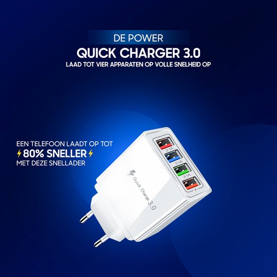 Bazzzy Fast Charger - 4 in 1 Snel Lader - USB Stekker Wit - Oplader ...