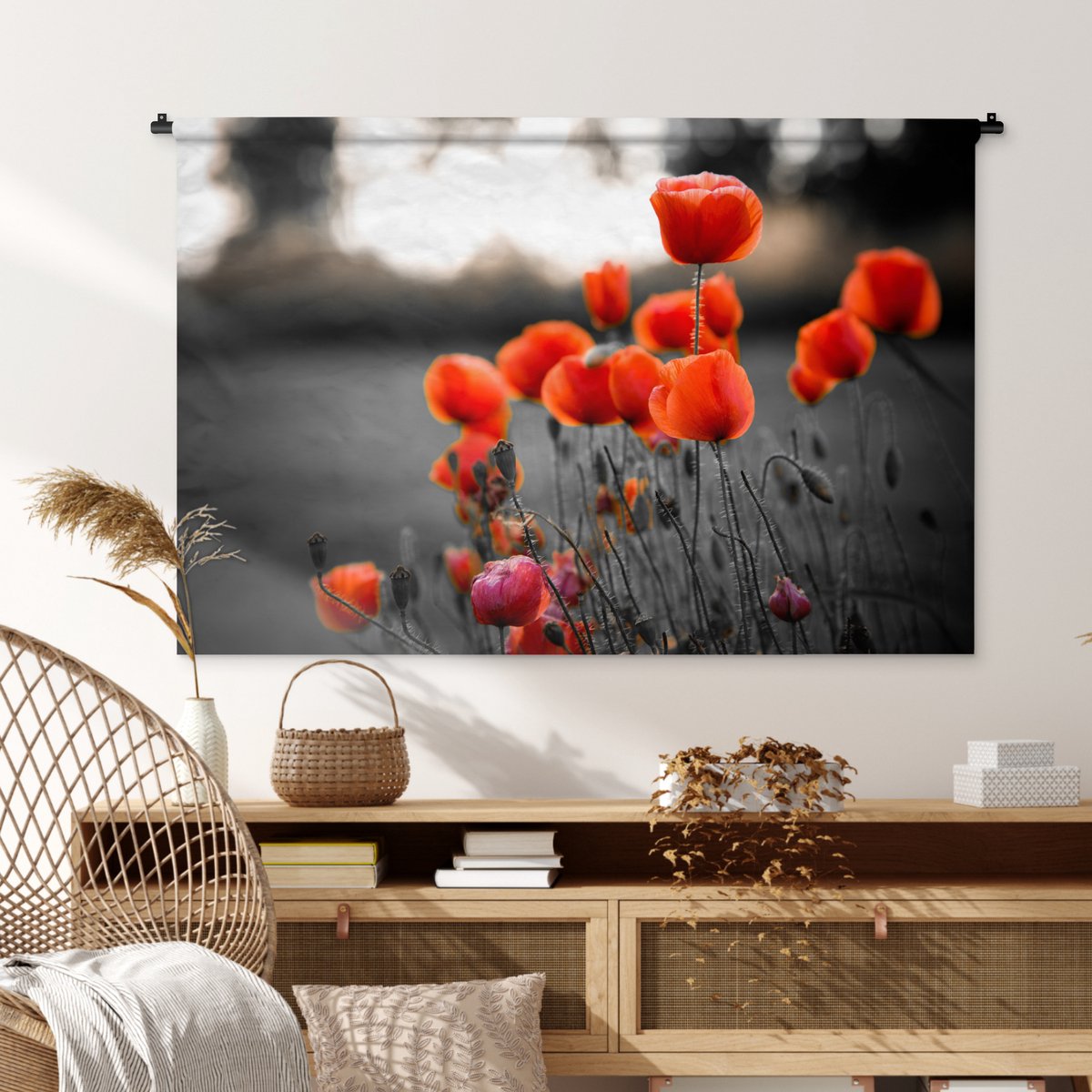 Wandkleed - Wanddoek - Wilde rode klaprozen in een groot veld met een ...
