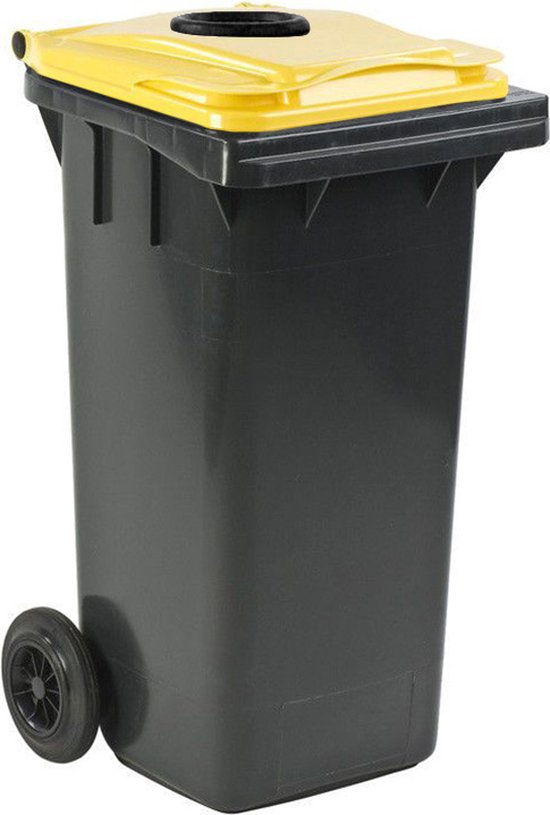 Afvalcontainer 120 liter grijs met geel deksel en glasrozet - Kliko | bol