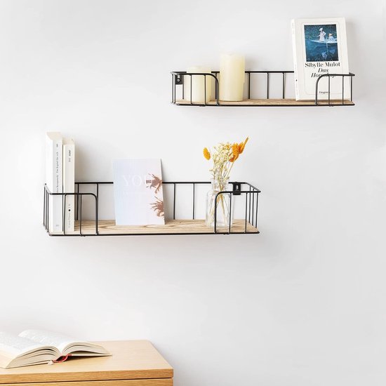 Houten Muurplanken en Rekkenset - 2 Stuks Rekken van Hout en Metaal ...