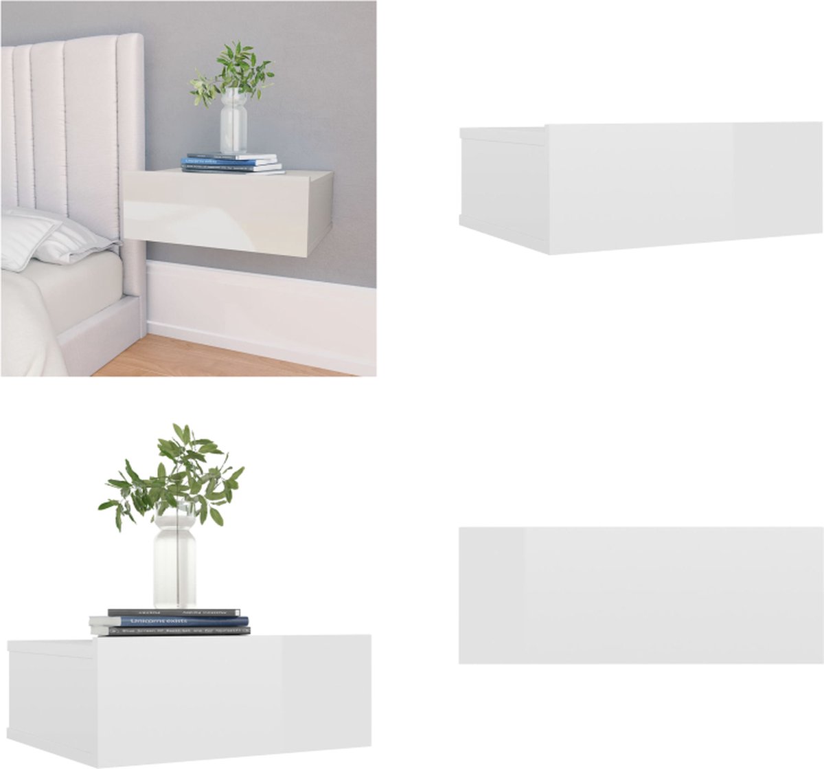 vidaXL Nachtkastje zwevend 40x30x15 cm spaanplaat hoogglans wit ...