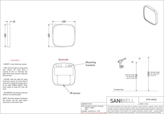 INK SP31 contour spiegel in stalen kader met dimbare directe LED ...