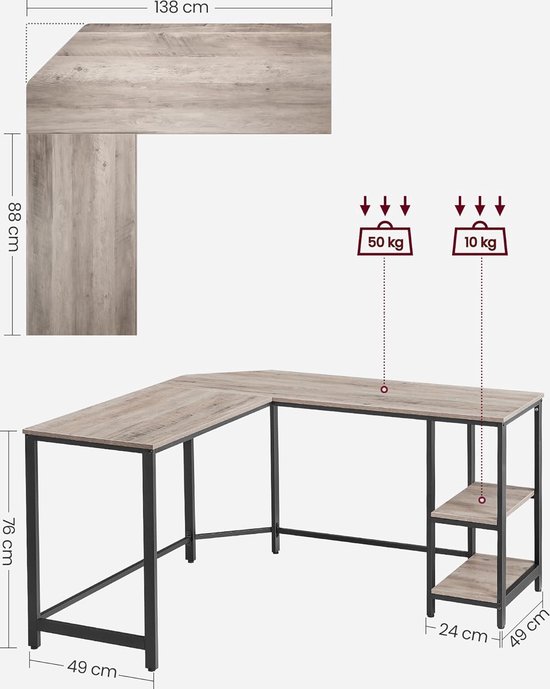 Hoekbureau - Groot bureau - Computerbureau - Industrieel grijs - Hout ...