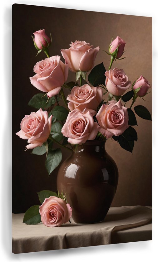 Roze rozen in een vaas - Bloemen in vaas schilderij op canvas ...