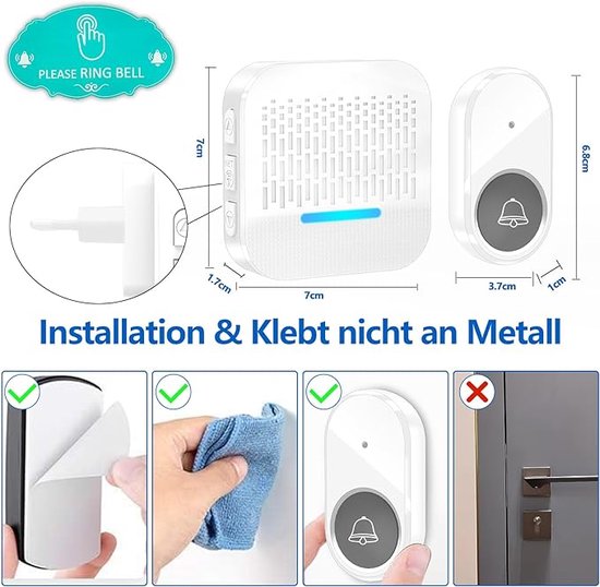 Draadloze bel voor buiten, waterdicht, IP55, huisbel, werkt op ...