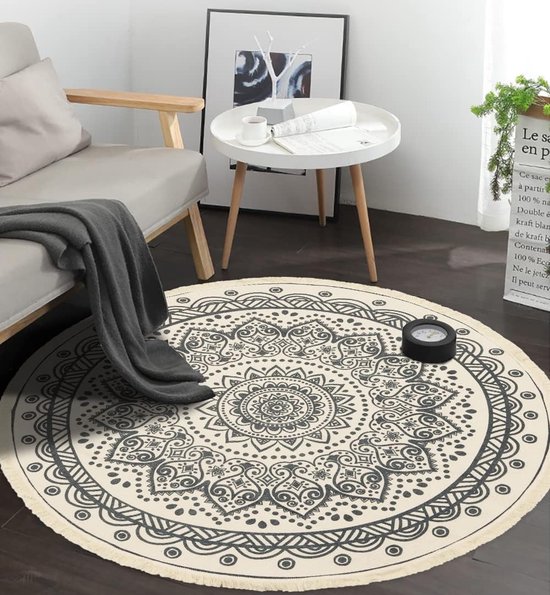 Mandala tapijt, rond, 120 cm, crème, katoenen tapijt met kwastjes ...