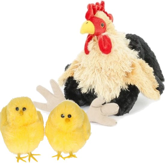 Pluche kip knuffel - 23 cm - multi kleuren - met 2x gele kuikens van 9 ...