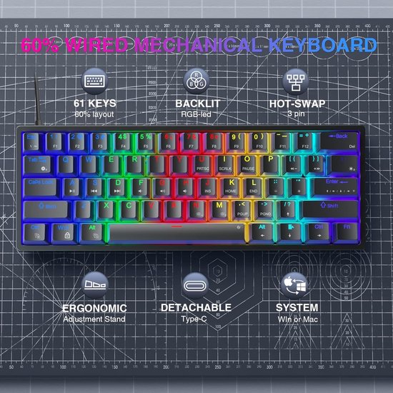AULA F3261 RGB Clavier mécanique filaire gaming - 61 touches - Qwerty ...
