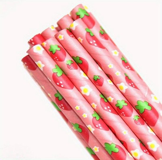 Rietjes 25 stuks aardbeien print - Papier - drinkrietje - rietje - roze ...