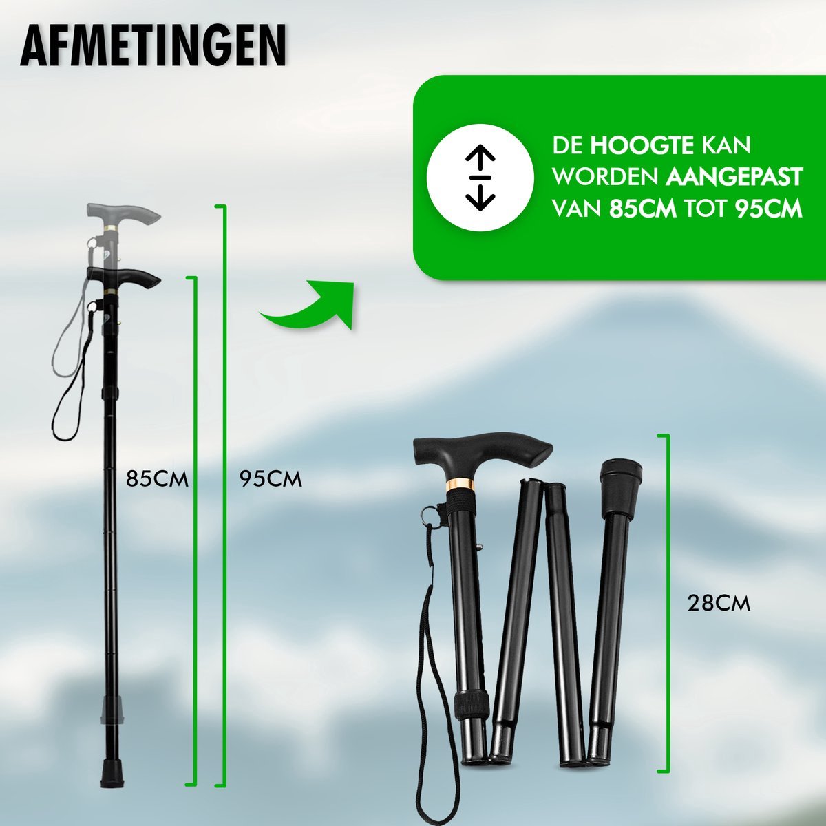 Travelhawk Wandelstok - Verstelbaar en Opvouwbaar - Zwart - Incl ...