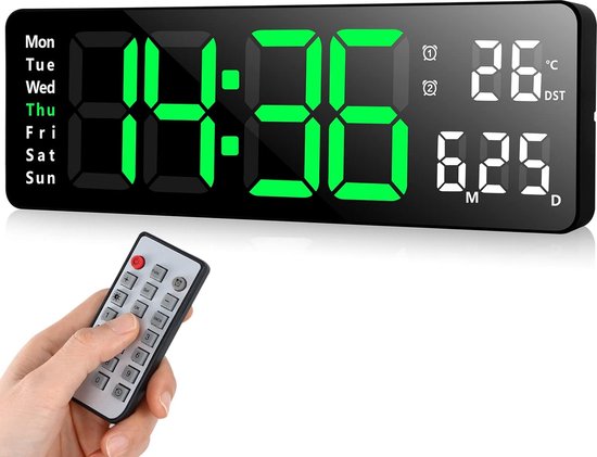 Digitale wandklok, radioklok met 33 cm groot display, digitale led-klok ...