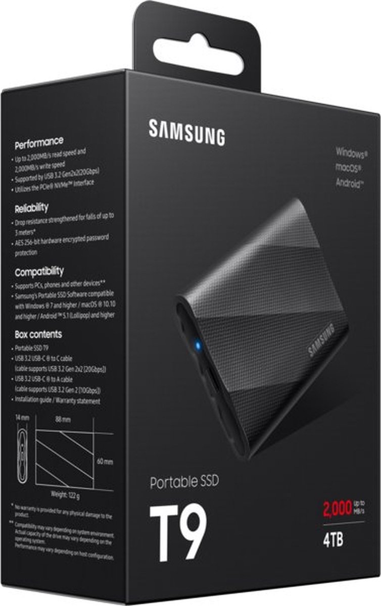 Samsung Portable T9 - Externe SSD - USB C 3.2 - Inclusief USB C en USB A kabel -... | bol