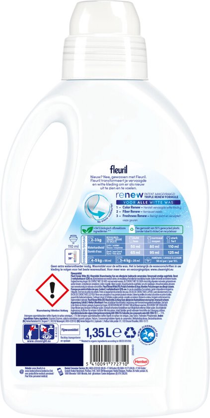Fleuril Vloeibaar Wasmiddel Renew Witte Was 27 Wasbeurten 1,35 liter | bol