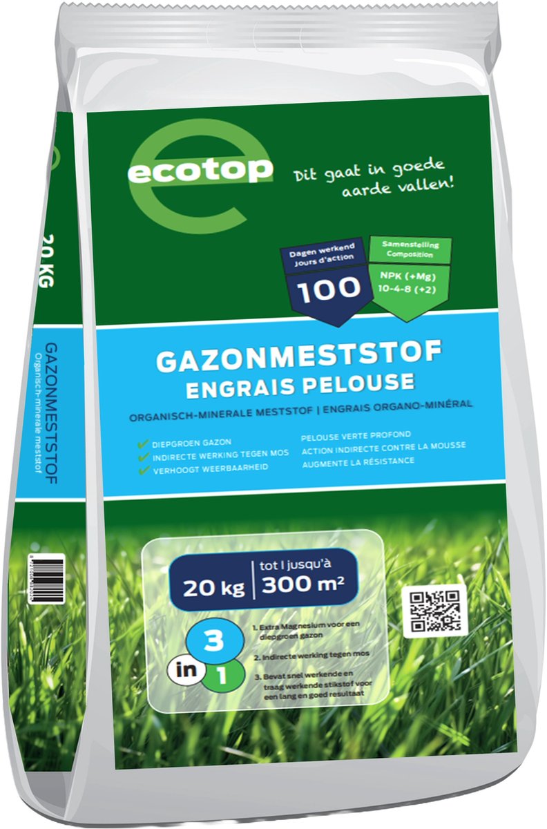 Ecotop Gazonmeststof - 20kg - gazonmeststof voor 300 m2 | bol