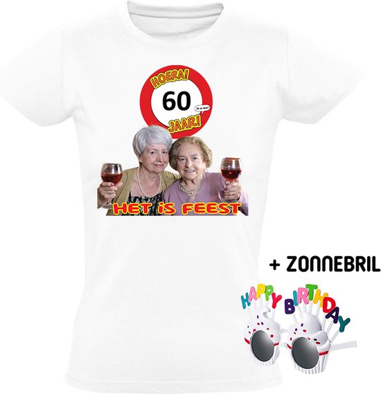 Hoera 60 jaar! Het is feest Dames T-shirt + Happy birthday bril ...
