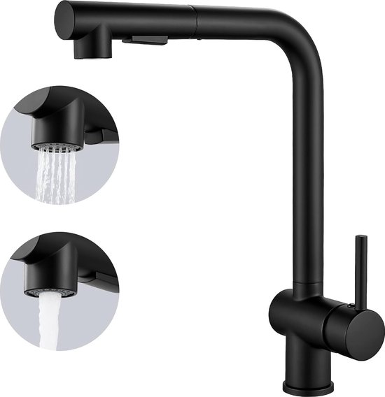 Kraan keuken, uittrekbaar, zwart, keukenkraan met sproeier, 2 straalsoorten, 360... | bol