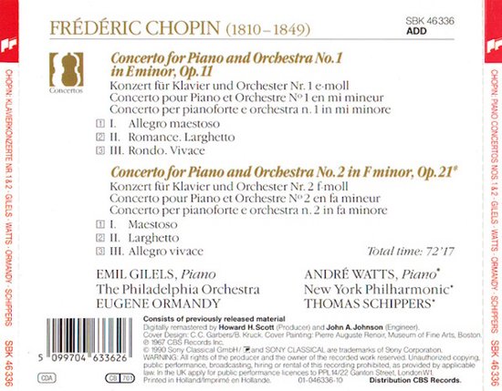 Chopin: Piano Concertos nos 1 & 2 / Gilels, Watts, Ormandy, Frederic Chopin | Muziek | bol