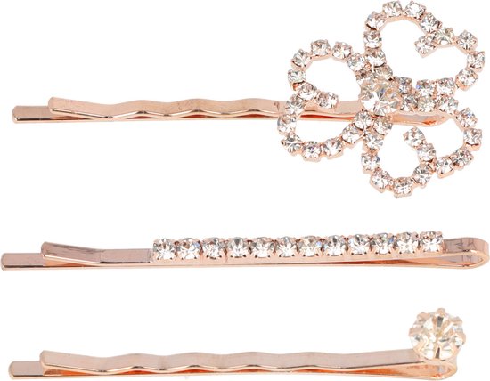 Haarspeld Schuifspeldjes Bloem Strass Steentjes Rose Goud 3 Stuks ...