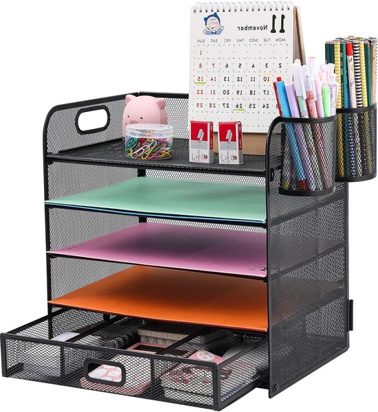 5 Tray Desk Organizer met Lade - Mesh Desk File Organizer met Handvat ...