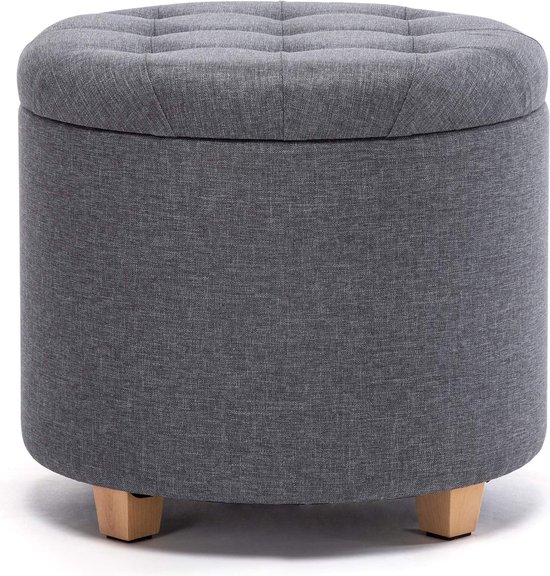 Poef Rond 45cm - met Gewatteerde Zitting - Stoel met Deksel - Linnen ...