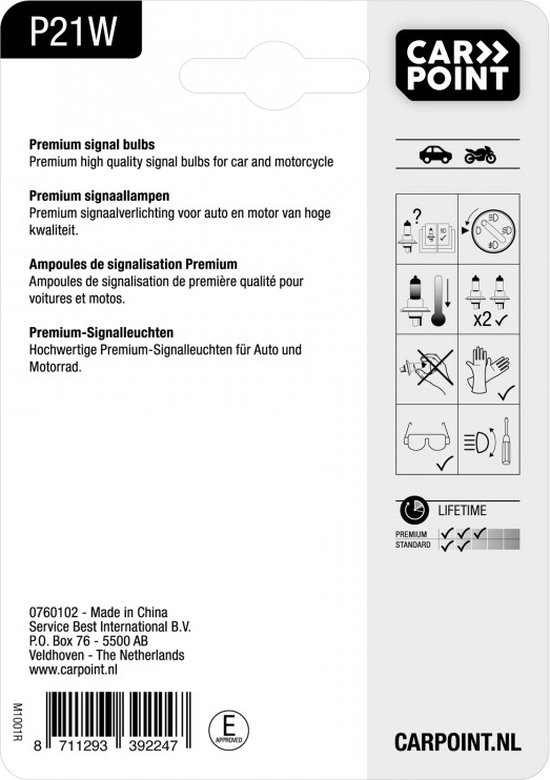 Carpoint Premium Autolampen 12V P21W 2 Stuks | bol
