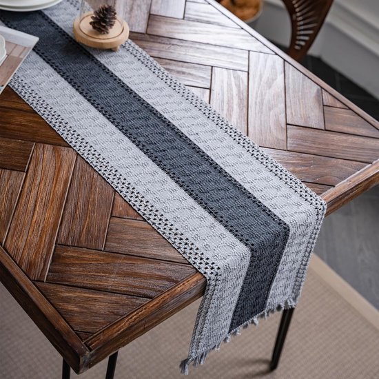 Grijze macramé-tafelloper, boho, katoenen vlas, tafelloper met kwastjes, rechthoekig... | bol