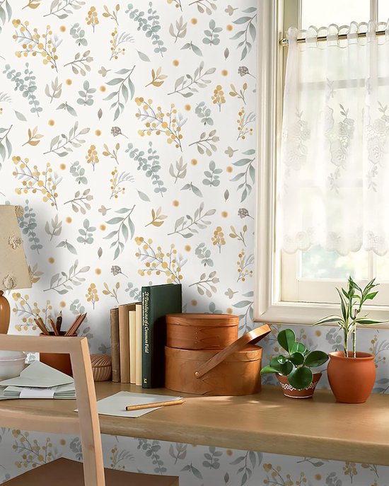 Zelfklevend behang, bloemen, 39 x 300 cm, groen/geel/beige ...