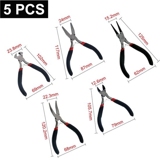 Set met 5 sieradentangen, 1 fijne tang, 1 ronde tang, 1 draadsnijtang ...