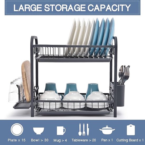 Afwasrek 2 lagen met druppelbakken, bestek/bekerhouder, snijplankhouder ...