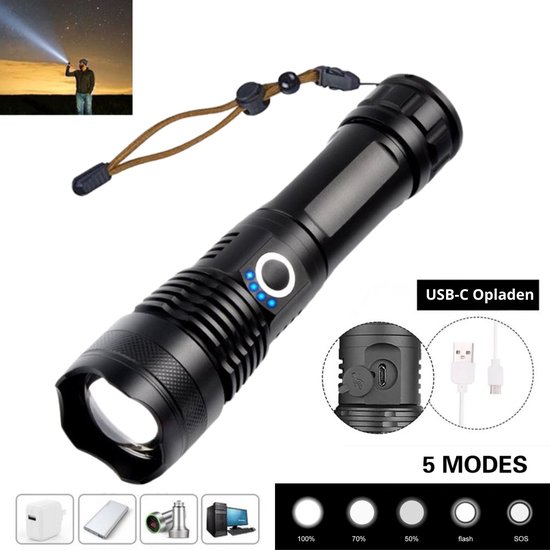 Zaklamp LED Oplaadbaar - Militaire Zaklamp - Outdoor Zaklamp - USB-C oplader -... | bol