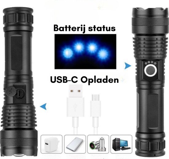 Zaklamp LED Oplaadbaar - Militaire Zaklamp - Outdoor Zaklamp - USB-C oplader -... | bol