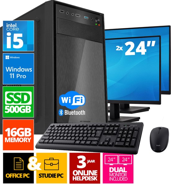 Intel Compleet PC SET | Intel Core i5 | 16 GB DDR4 | 500 GB SSD + 2 x 24 Inch Monitor... | bol