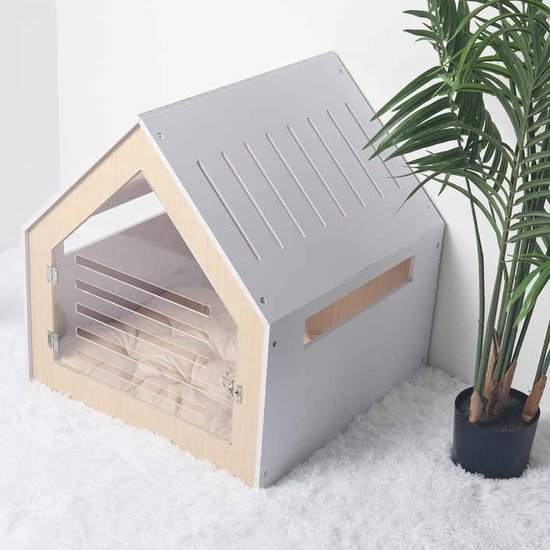 Modern honden- en kattenhuis WIT met acryldeur inclusief ligkussen ecru ...