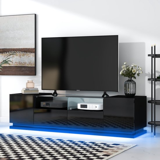 Sweiko Hoogglans TV kast met glazen planken, twee lades en twee deuren ...