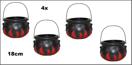 4x Heksenketel met vlammen18cm zwart - PVC - Heksen ketel kookpotje ...