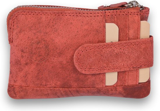 Mini Portemonnee met Pasjeshouder & Sleutelring | Rood | Echt Leer ...