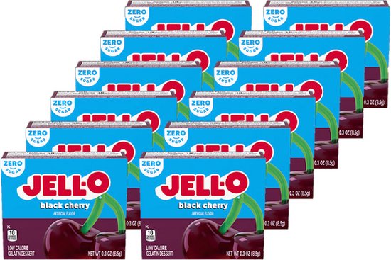 Jello | Zwarte Kers Gelatine | Suikervrij | 12 Stuks | 12 x 8,5 gram | bol