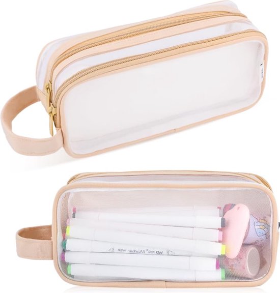 2 Compartiment Etui Clear Mesh Pen Pouch Grid Make-up Cosmetica Tas ...