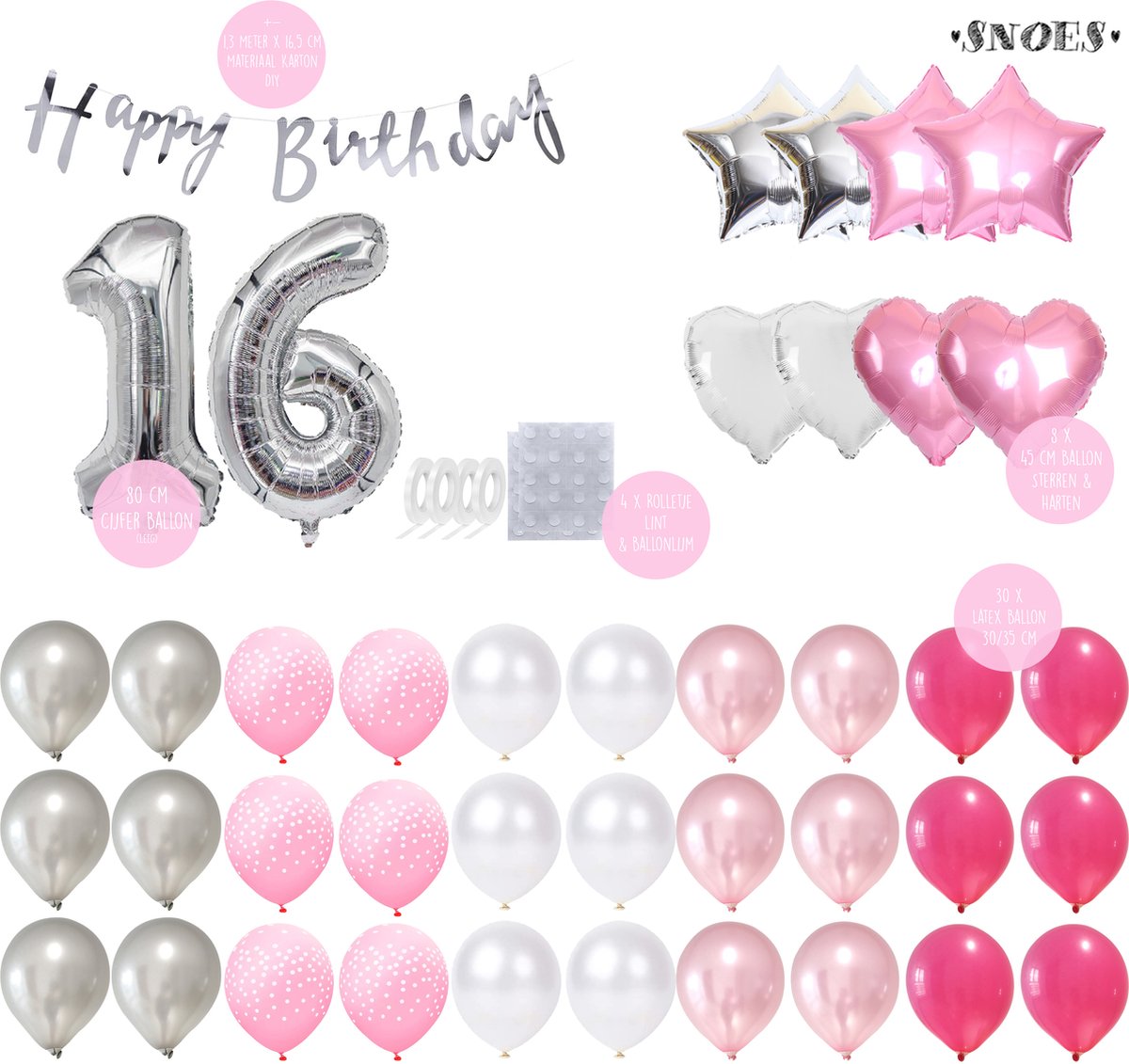 Snoes Ballonnen 16 Jaar Pink Blush Silver Mega Ballon - Compleet ...