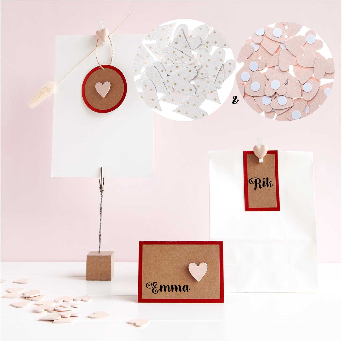 Valentijn Decoratie Hartjes van Hout + Houten Stickers | Roze Hartjes ...