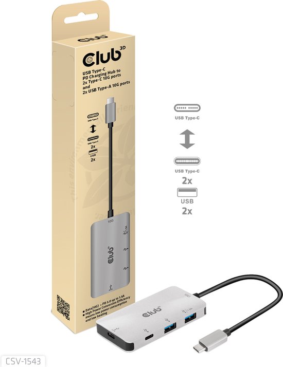 CLUB3D USB Gen2 Type-C Universele Hub naar 1x Type-C 10G ports 1x Type ...
