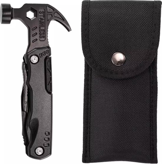 Multitool Hamer - 10 in 1 Hamer Met Zakmes/Tang/Flessenopenener/ 3-bitjes Etc. - Zwart | bol.com