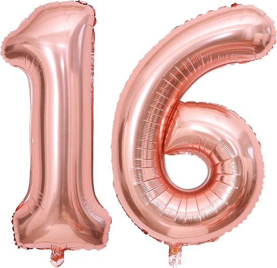 Ballonnen - Cijfer - 16 jaar verjaardag versiering - Rosé Goud - 80cm ...