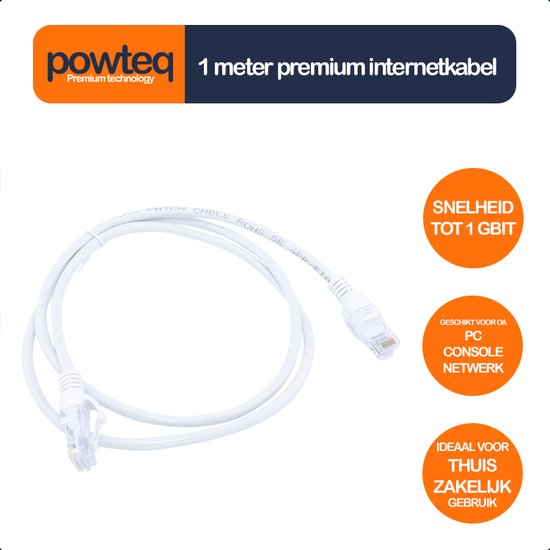 Powteq - 1 meter internetkabel - Wit - Cat 5e met RJ45 stekkers | bol