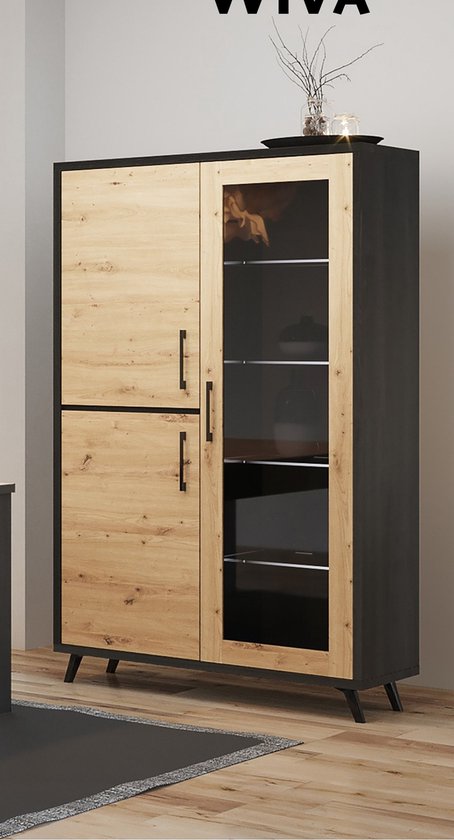 Vitrinekast Wiva met ledverlichting- zwart/hout | bol.com