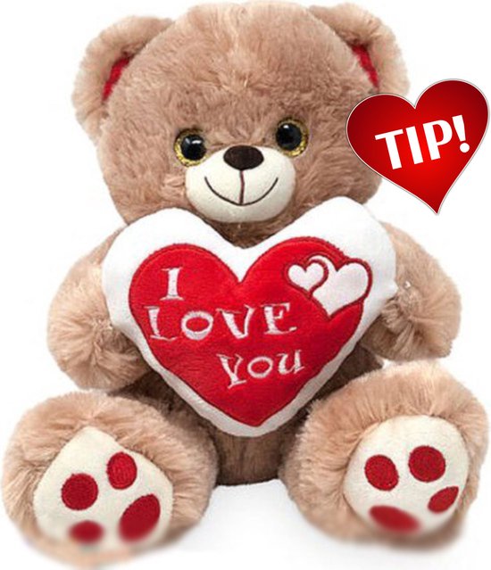 Bruine Teddybeer met Hart ''I Love You'' (Wit/Rood) 30 cm [valentijn ...