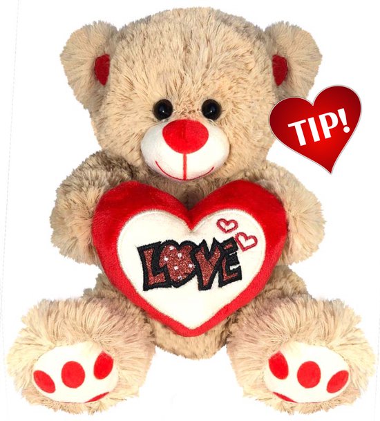 Teddybeer Fuzzy Pluche Knuffel met Glitter Hart Love (Bruin) 25 cm ...