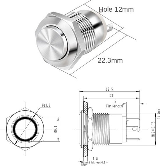 Metalen drukschakelaar OFF - (ON) ⌀12mm - rond - 12V/24V - Puls - High ...